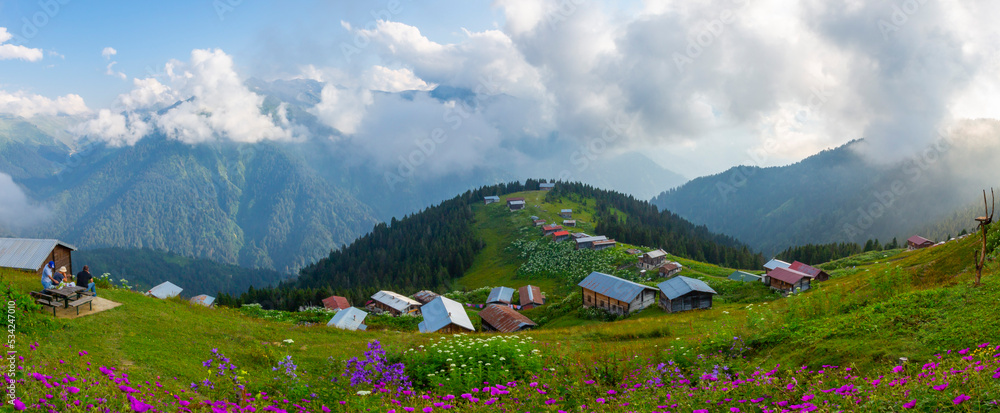 Traditional wooden houses at highlands. Landscape photo was taken in ...