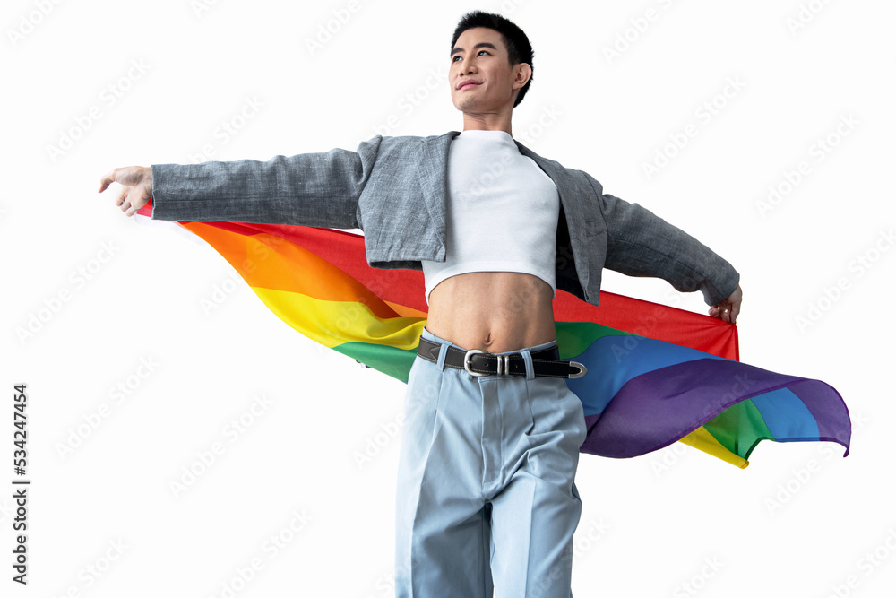 Lgbtq guy waving pride flag with proud face on over white background ...