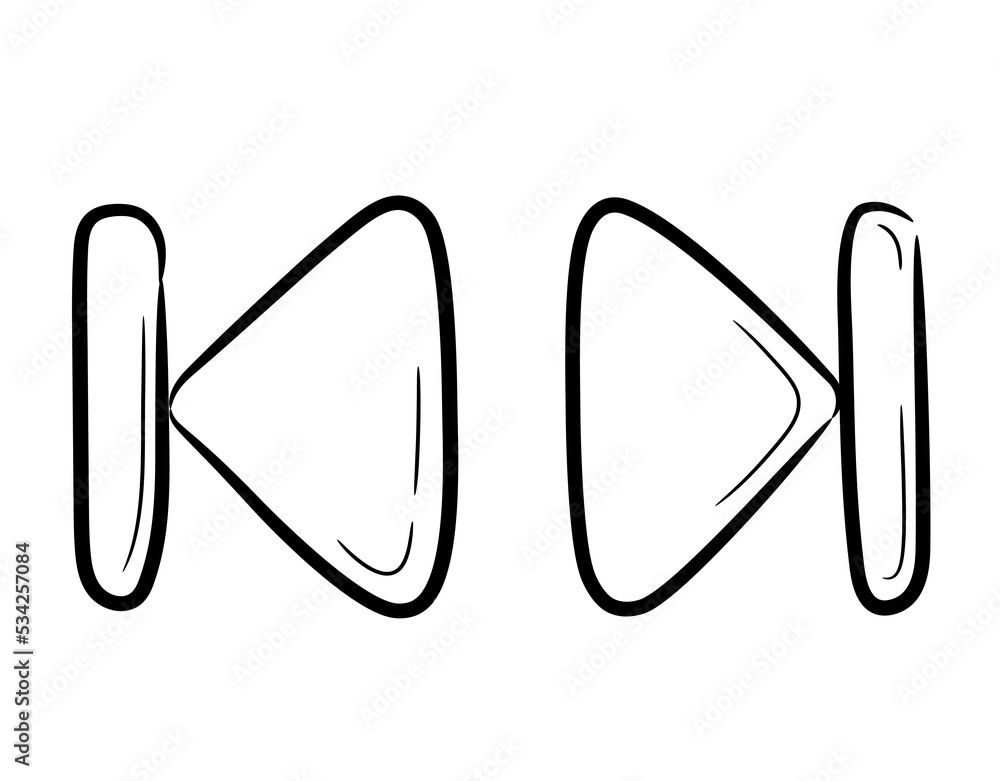 Hand-drawn music and video rewind icons. Play button in doodle sketch ...
