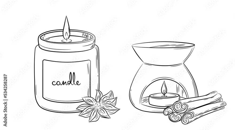 Hand drawn set of candles and diffuser for home fragrance. Line drawing ...