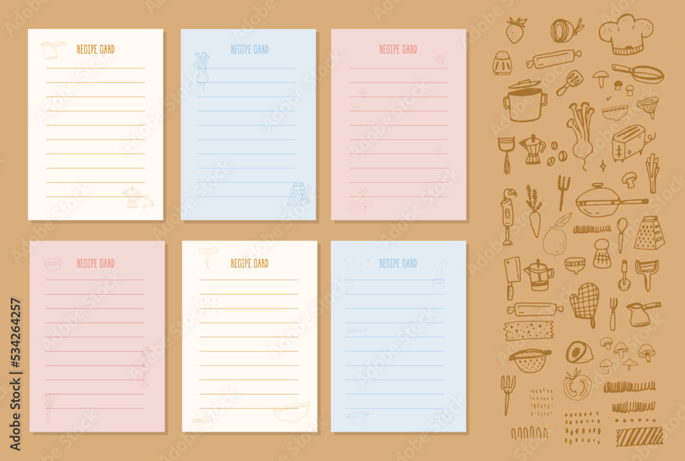 Recipe card for banner design set. Food retro background with doodles ...
