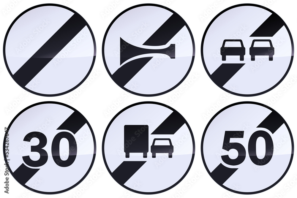Collection of round black and white end of prohibition signs ...