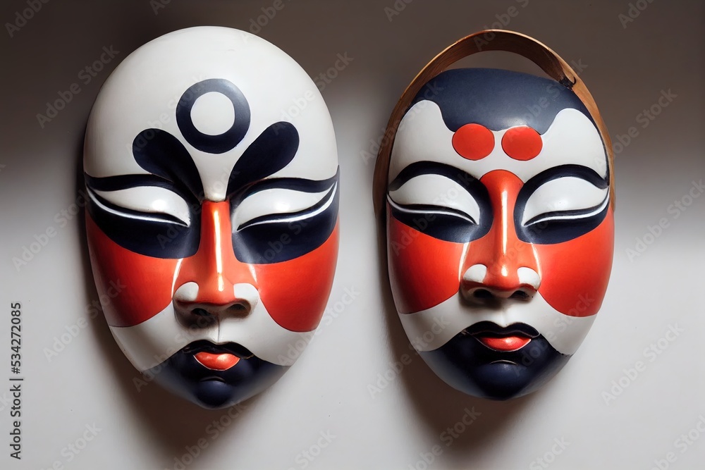 Painted traditional japanese kabuki theater mask made of ceramic, wood ...