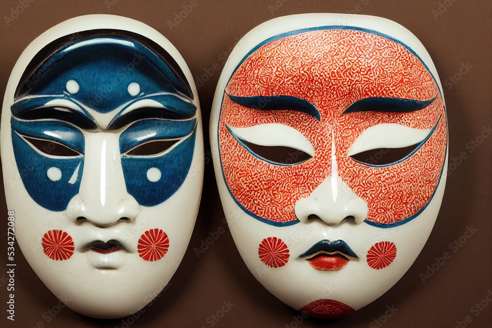 Painted traditional japanese kabuki theater mask made of ceramic, wood ...