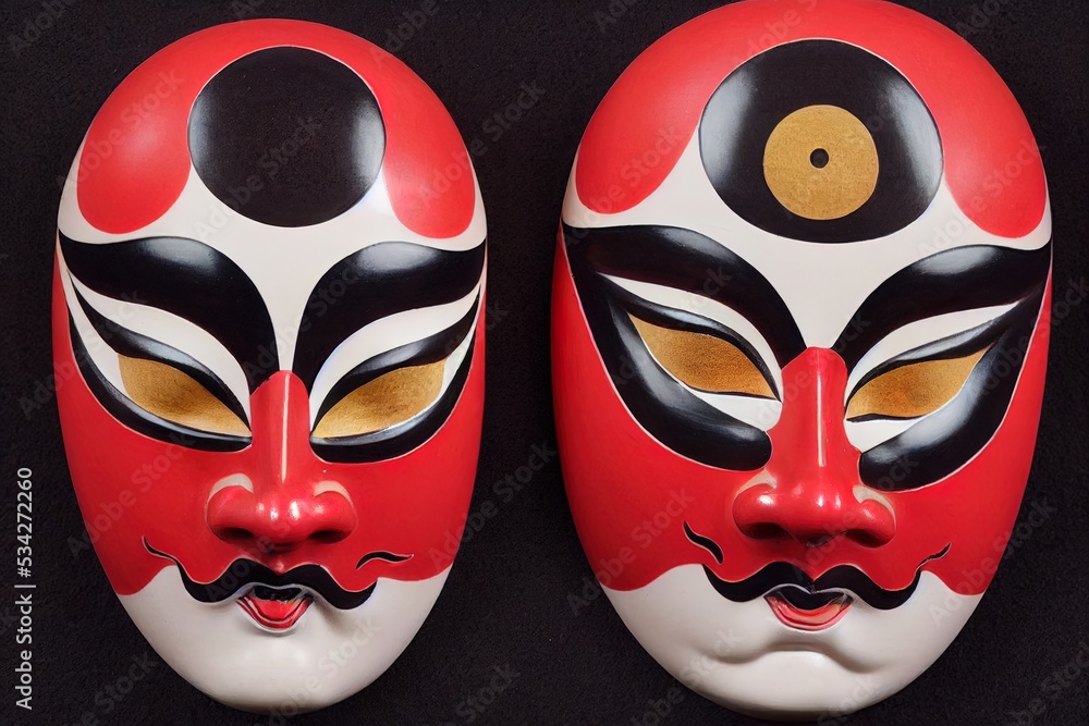 Painted traditional japanese kabuki theater mask made of ceramic, wood ...