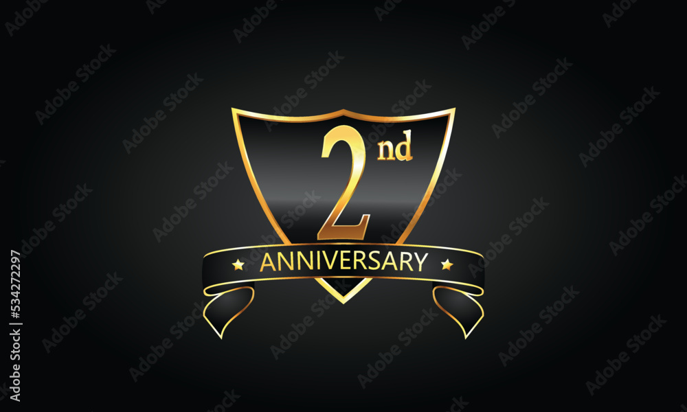 2 year anniversary logo with golden shield and ribbon. Dark concept ...