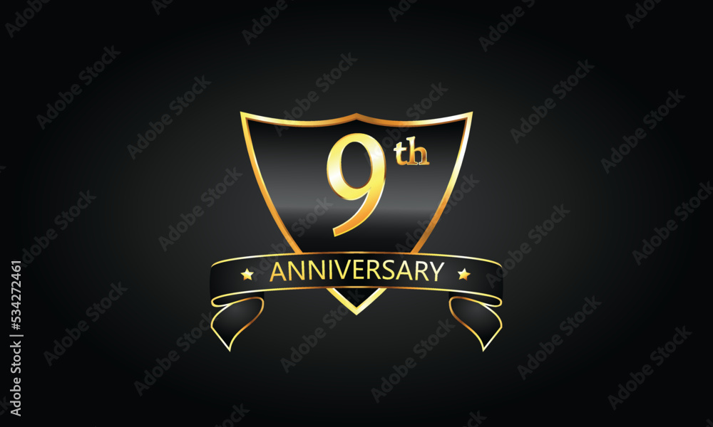 9 year anniversary logo with golden shield and ribbon. Dark concept ...