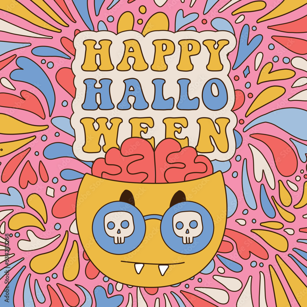 60s and 70s retro style halloween card. Hippie Rainbow splashes ...