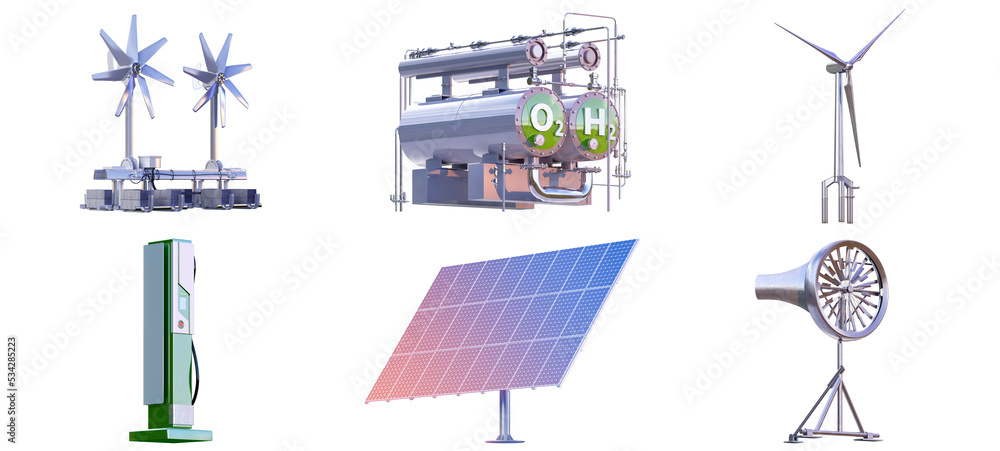 Green energy 3D icons set. Hydrogen, solar panels, windmill, EV electro ...