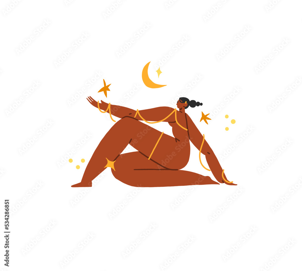 Hand drawn vector abstract modern graphic,clipart illustration of young boho female character in ...
