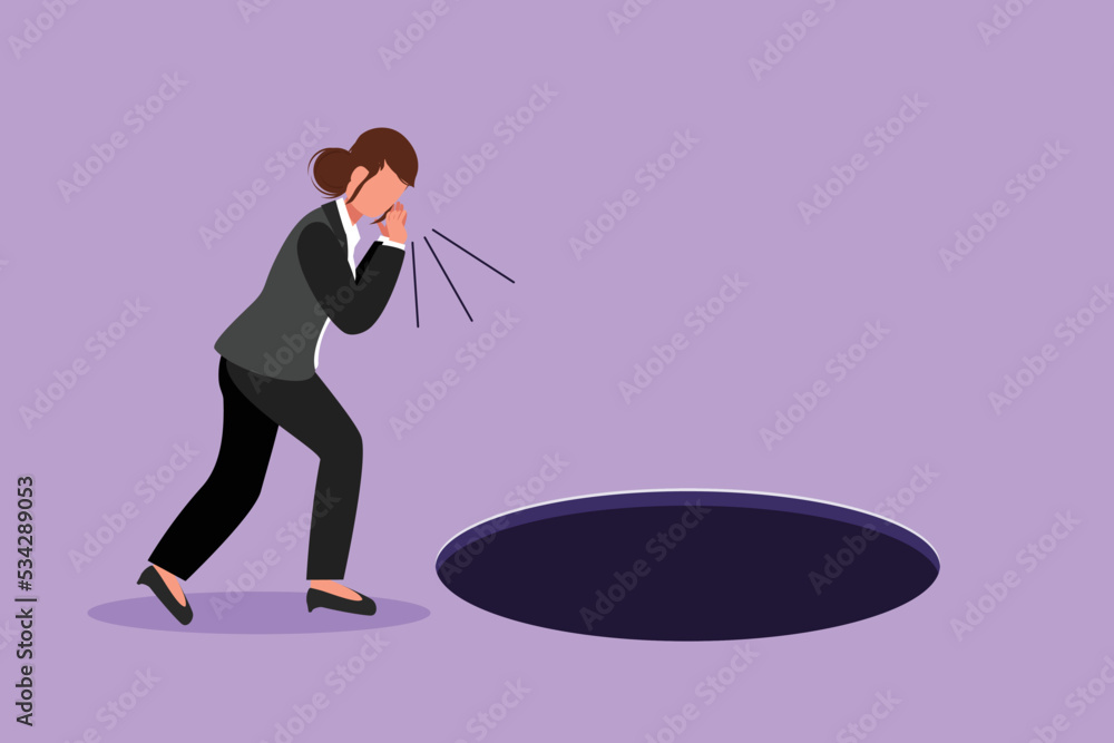 Cartoon flat style drawing of businesswoman scream into pit hole. Woman ...
