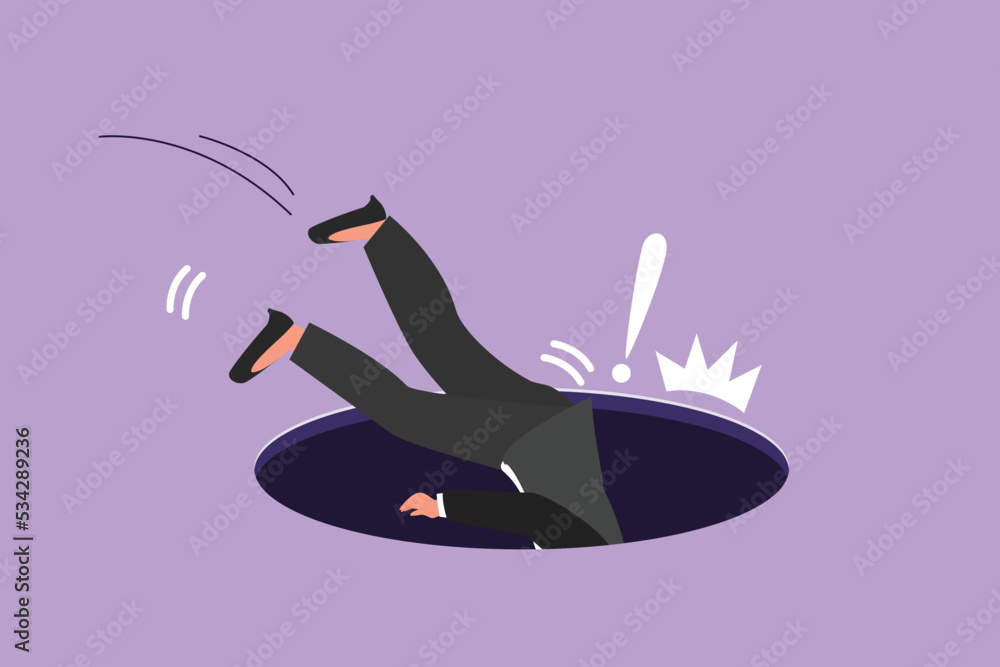 Character flat drawing of businesswoman falling into pit hole. Legs up ...