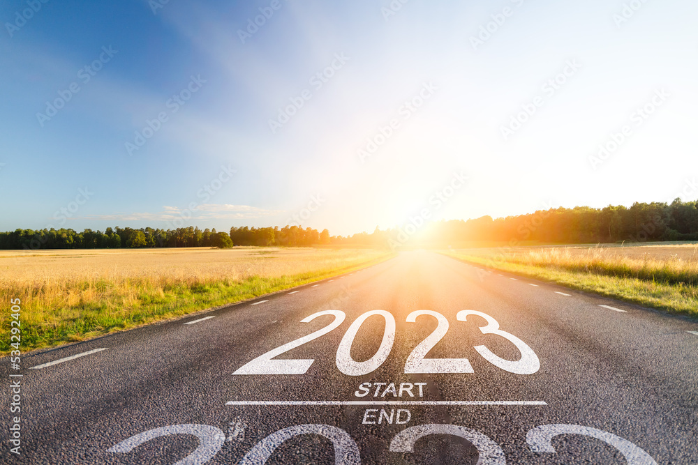 New year 2023 start straight concept. Word 2023 written in the middle ...