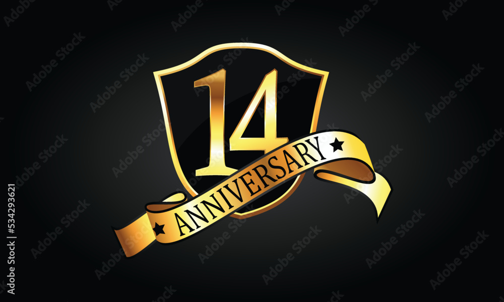 14 year anniversary logo with golden shield and ribbon. Dark elegant ...