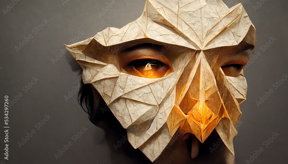 Beautiful mask made of paper and gold. Folded paper texture, pointy and ...
