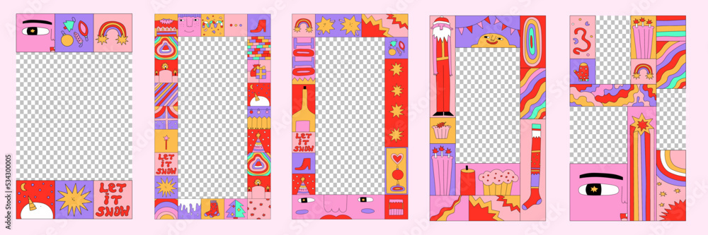 set of 00s template for social media.transparent frame.1970 psychedelic ...