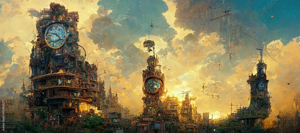 fantasy architecture. ancient clock tower. steampunk city. atompunk ...