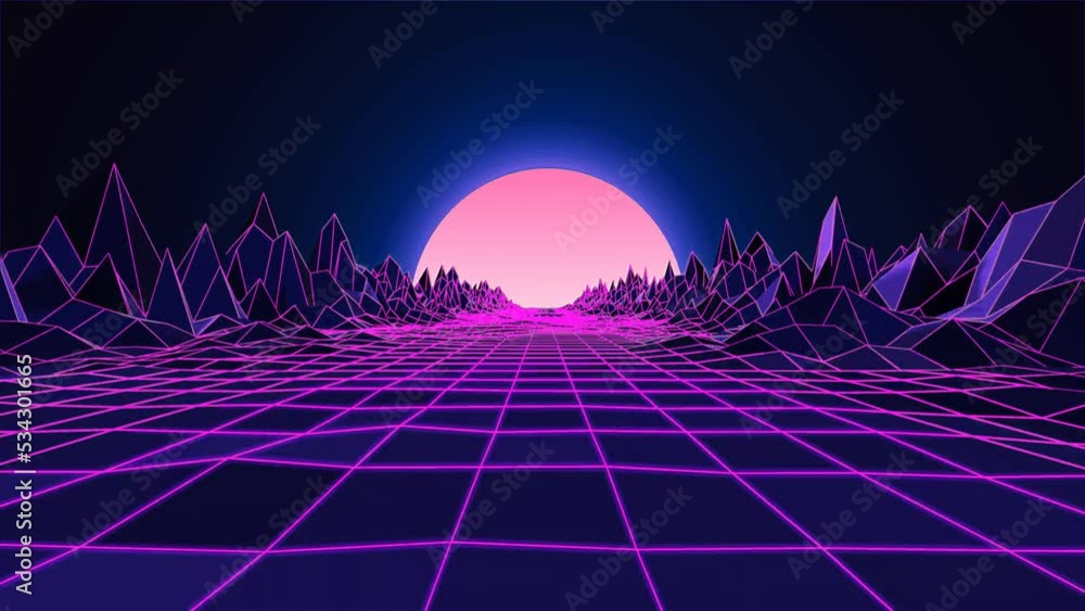 Trendy retro futuristic pink and blue neon lights 3d road among ...