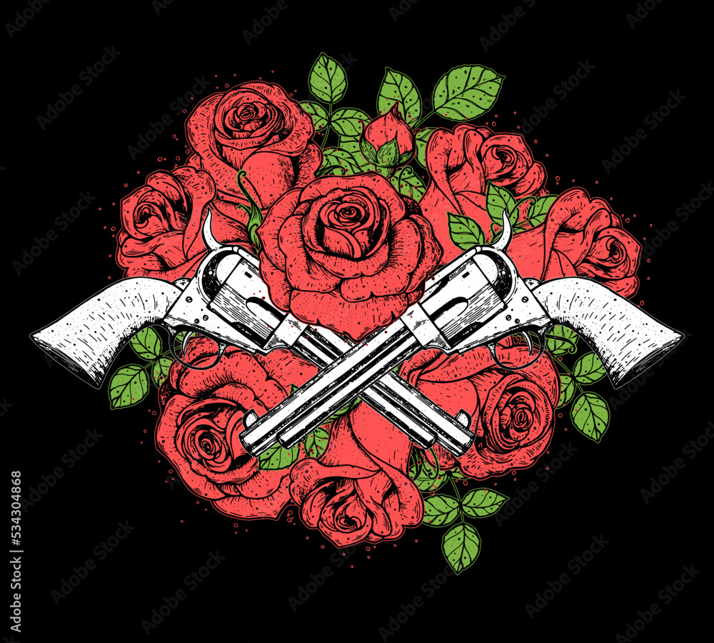 Guns and roses hand drawn illustration. Tattoo vintage print. Pistols ...