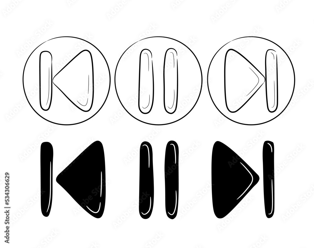 A collection of hand-drawn music and video rewind and stop icon sets ...