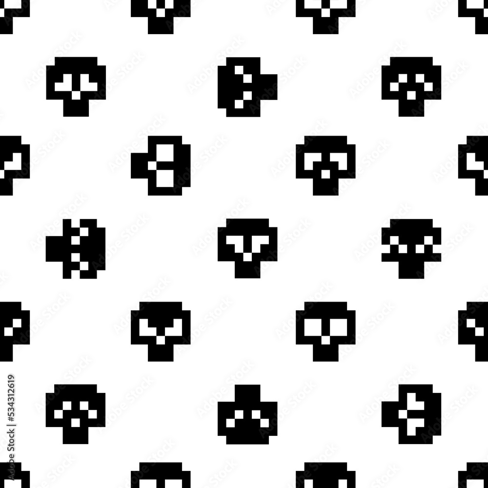 Abstract Skulls Pixel Art seamless pattern. Vintage 8-bit pixel graphics Skulls background ...