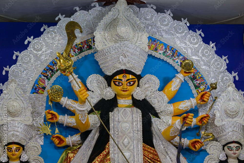 idol of goddess Durga during Durga Puja festival. Hindu deity in ...
