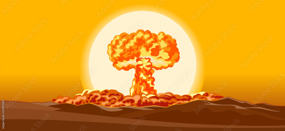 Nuclear Bomb Explosion. Atomic bomb and mushroom clouds. Vector cartoon ...