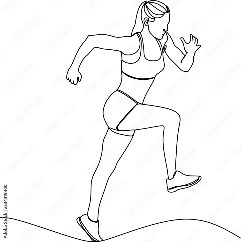 One continuous line drawing of young female athlete runner focus sprint ...