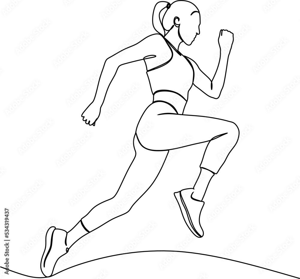 One continuous line drawing of young female athlete runner focus sprint ...