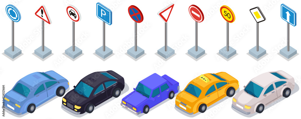Set of cars and different road signs. Technical means of road safety ...