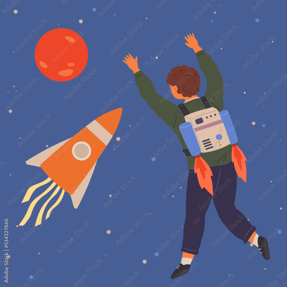 Child astronaut in cardboard or plastic rocket outfit dreams about ...