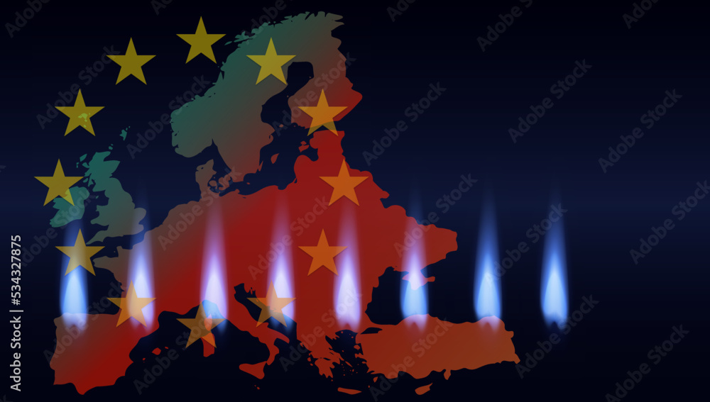 Energy crisis background. Red map of Europe on blue background with ...