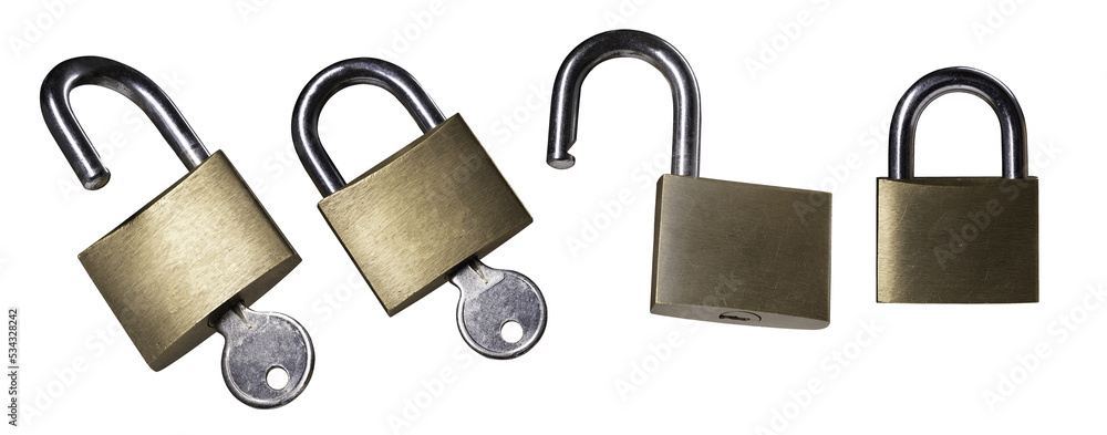 Padlock and key shown in different positions on an isolated background ...