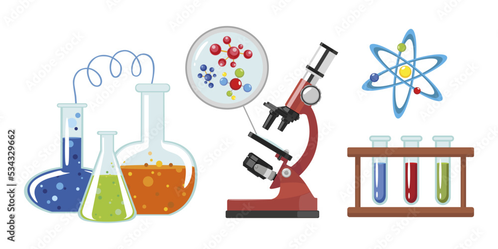 Set of colorful scientific experiments in cartoon style. Vector ...