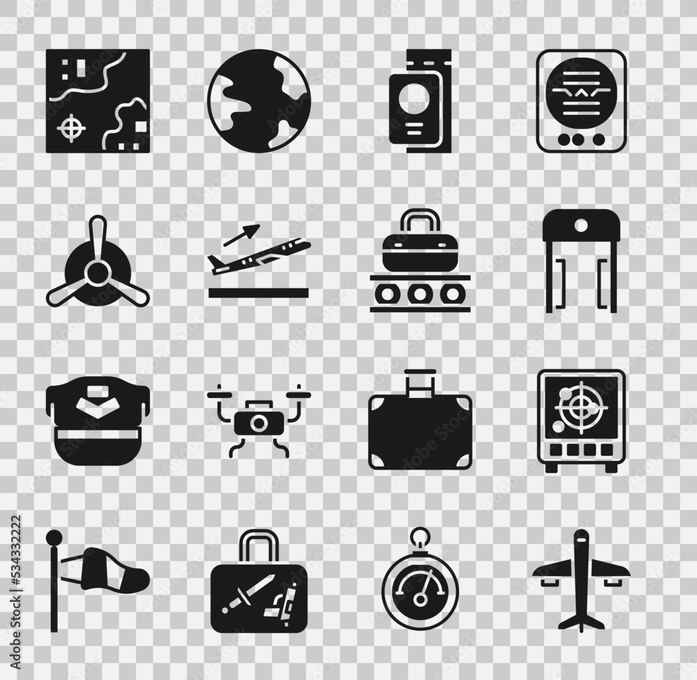 Set Plane, Radar with targets on monitor, Metal detector in airport ...