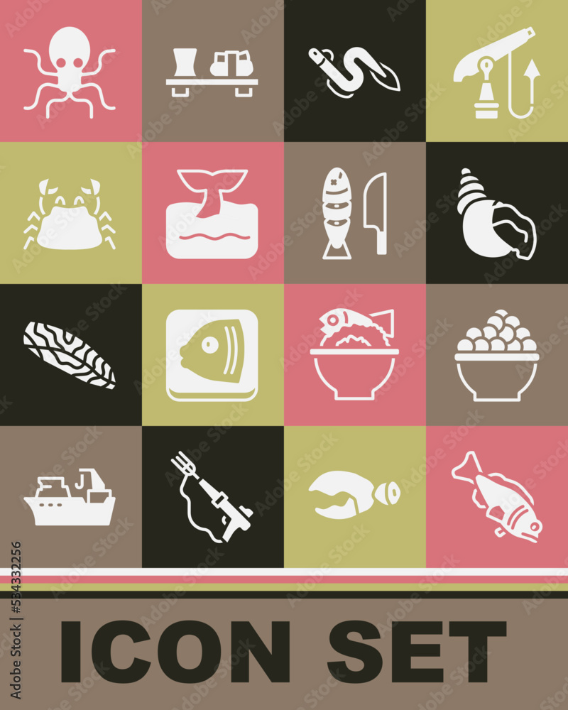 Set Fish, Caviar, Scallop sea shell, Eel fish, Whale tail in ocean wave ...