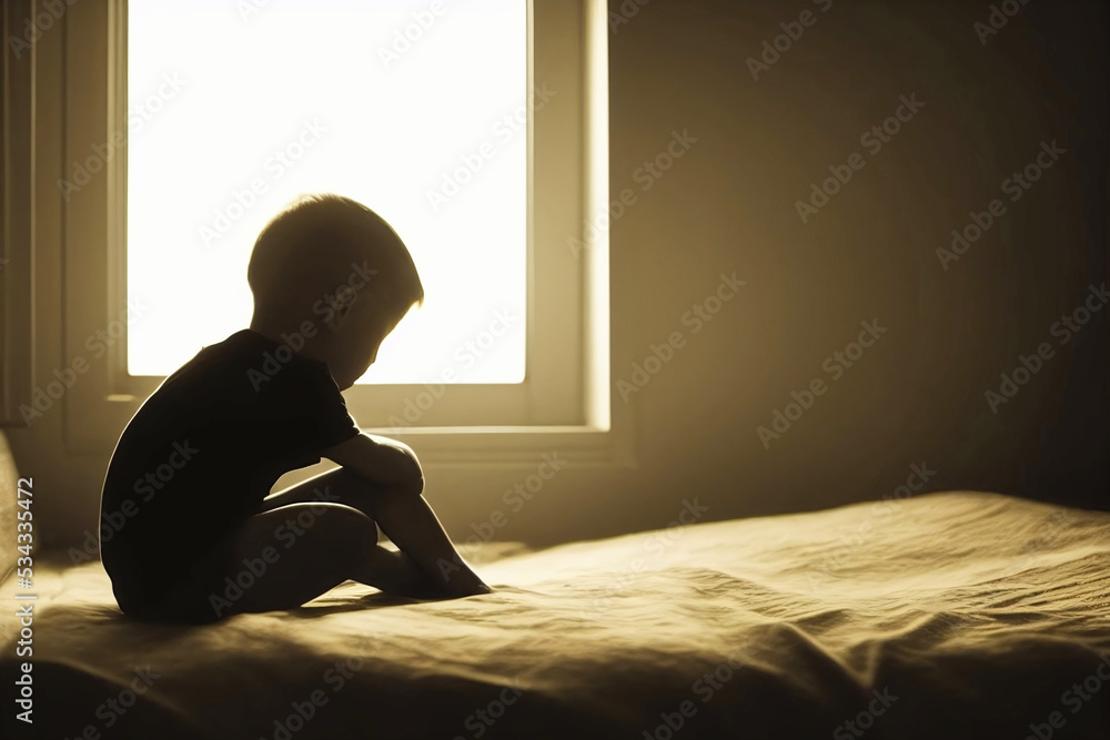 child at moonlight - illustration of child sitting in bed and looking ...