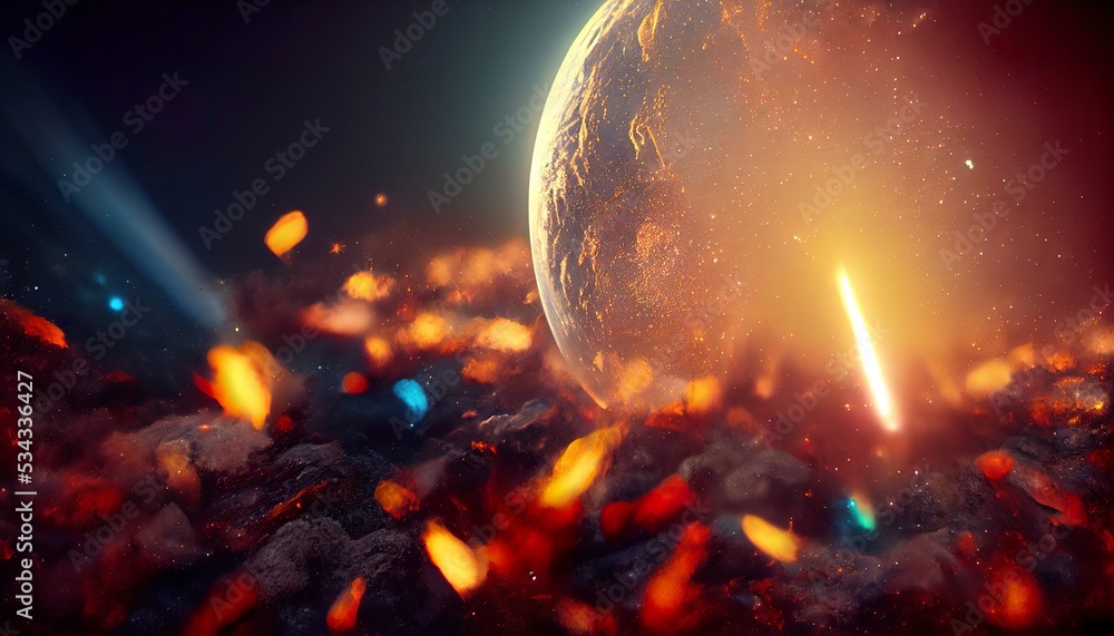 Fired Asteroid In Collision With Planet - 3d Rendering. sci fi outer space background. Stock ...