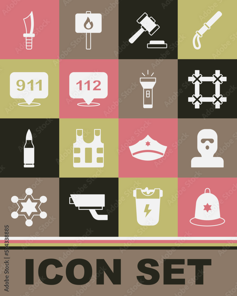 Set British police helmet, Thief mask, Prison window, Judge gavel ...