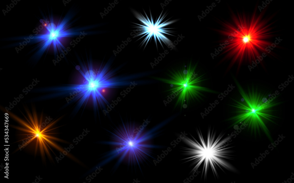 Set of gold, red, green and blue bright beautiful stars. Light effect ...