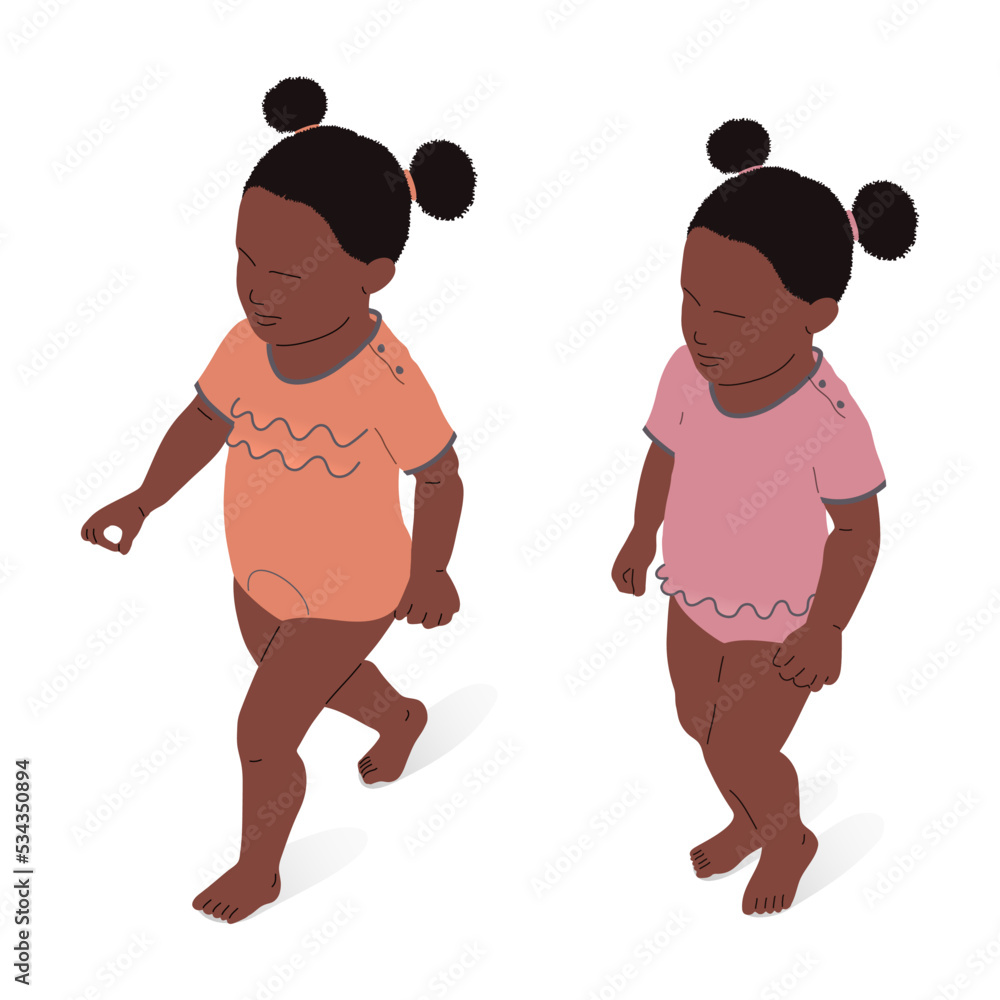 Little girl of afro ethnic origin, standing and walking, isometric view ...