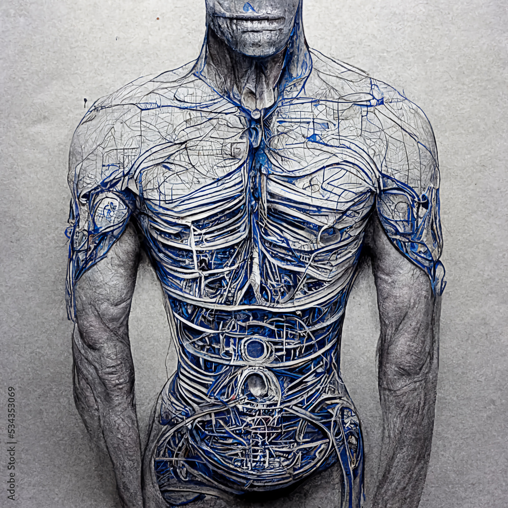 human and creature body with blue veins, humanoid monster with very ...