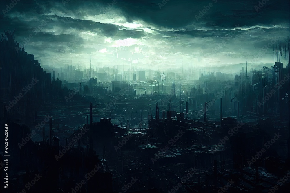 The ruins of a big city with silhouettes of destroyed buildings from ...