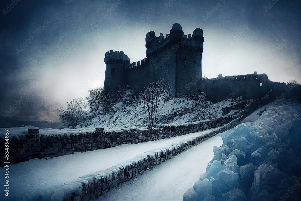 Fantasy frozen castle - digital illustration. Stock Illustration ...