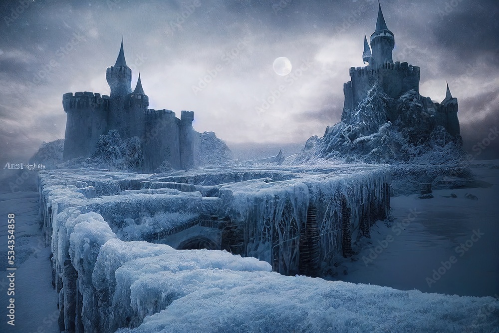 Fantasy frozen castle - digital illustration. Stock Illustration ...