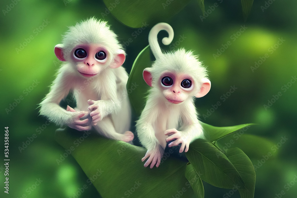 Cute white monkey sitting on a tree branch in the dark tropical forest ...