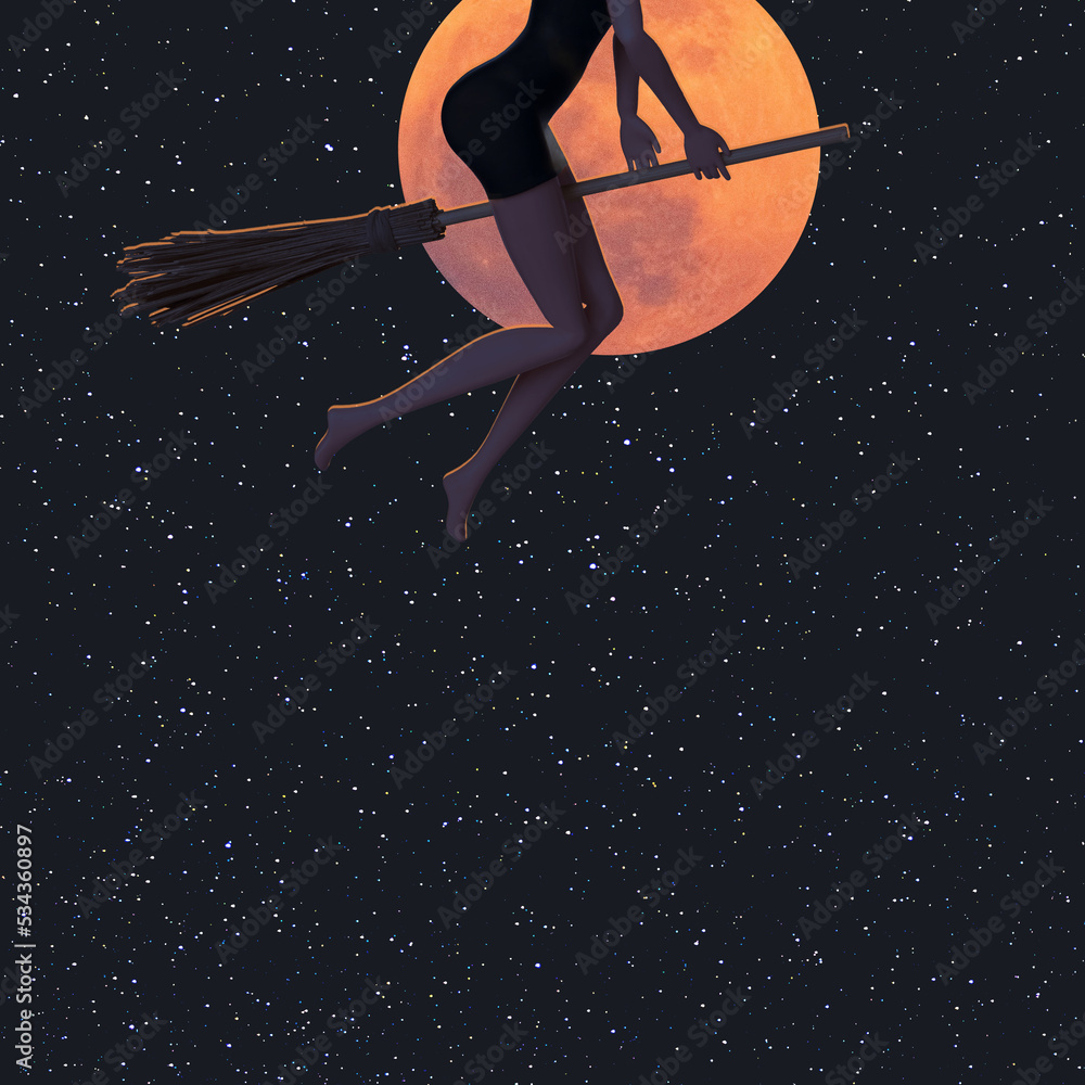 The Halloween witch rides on a broom in the moonlight. Minimal horror ...
