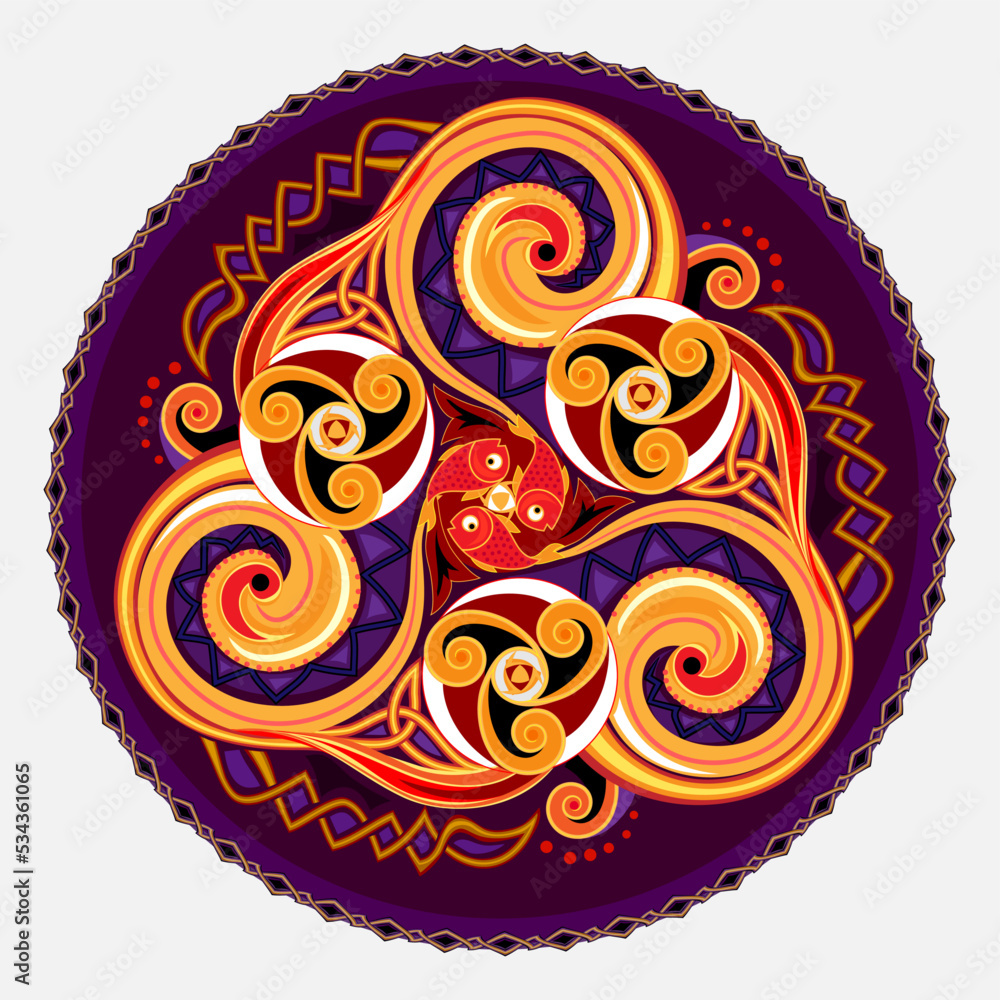 Ancient Celtic symbol. Triple trickle spiral ornament with fishes ...