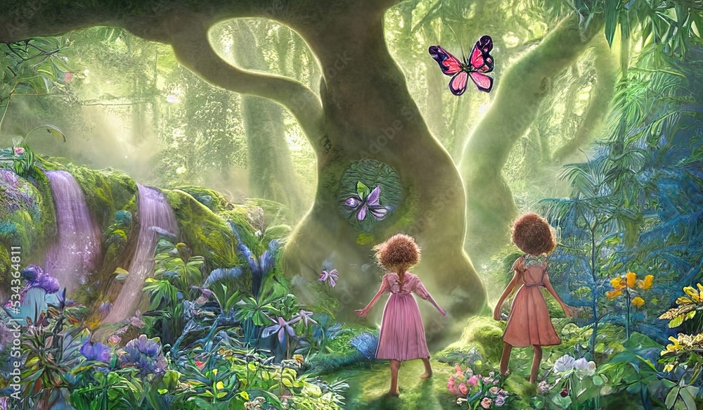 Children playing in a beautiful enchanted magic forest with big ...