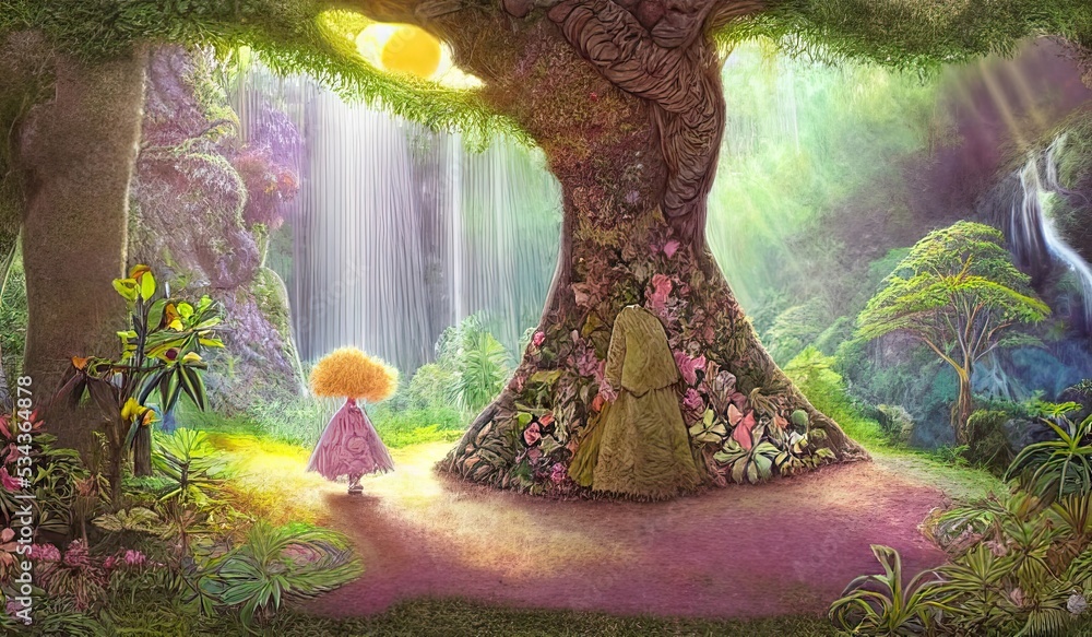 Children playing in a beautiful enchanted magic forest with big ...